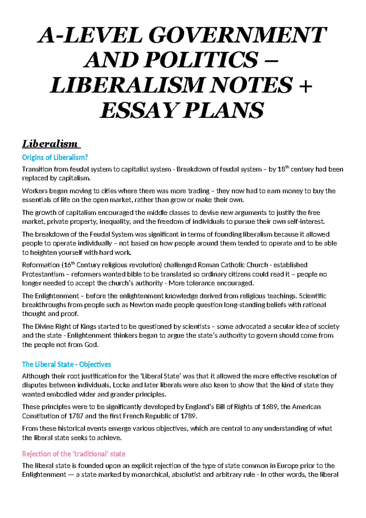 Liberalism: A-Level Gov & Politics Notes and Essay Plans - Studocu
