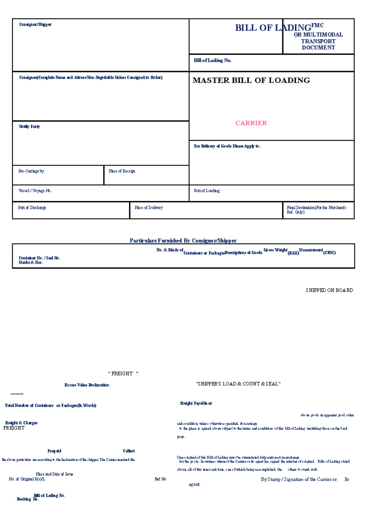 MBL - Bill of Lading for Multimodal Transport Document - Studocu