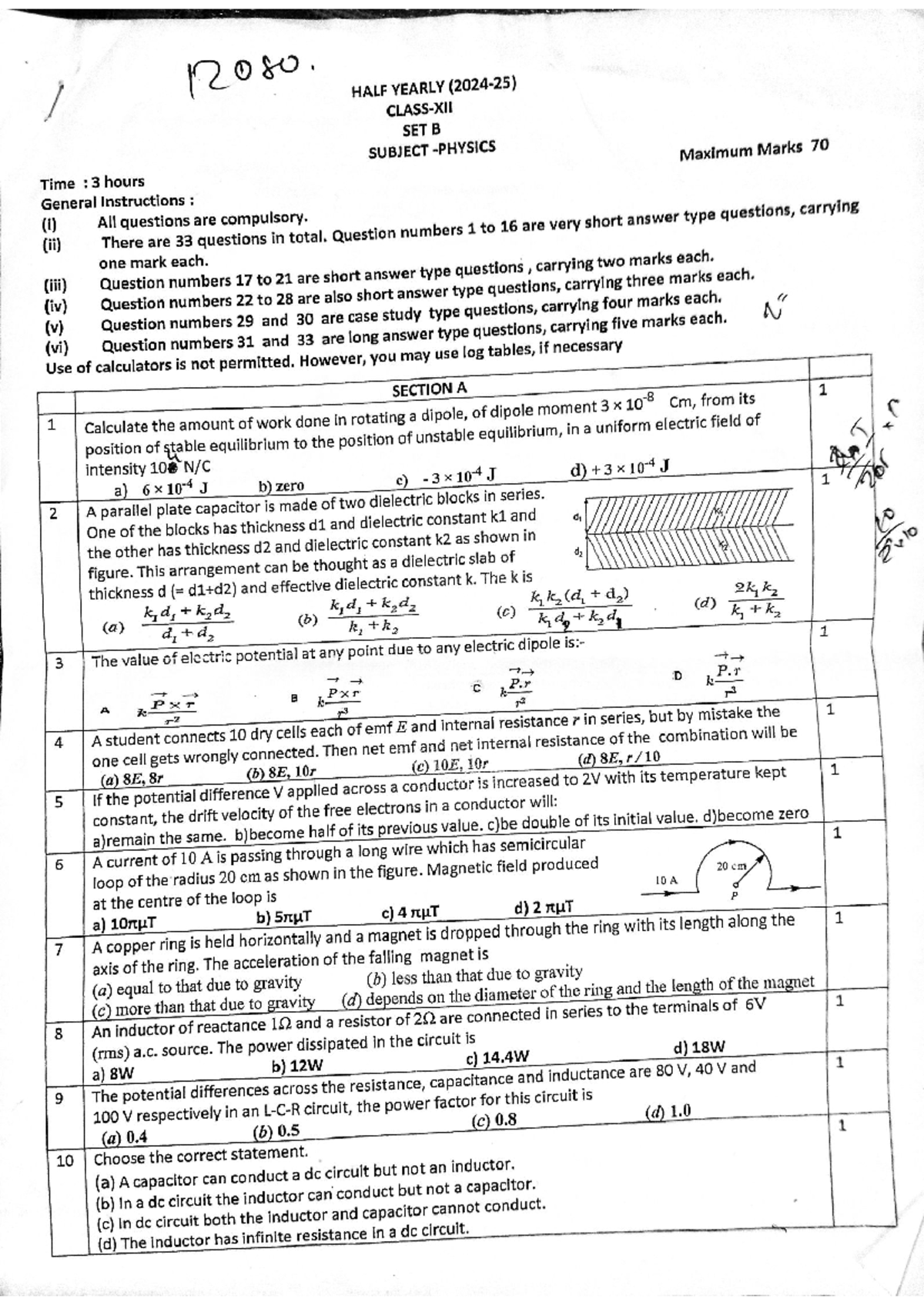 12080. Half Yearly Exam Set B - Physics 12th DAV School 2024 - Studocu
