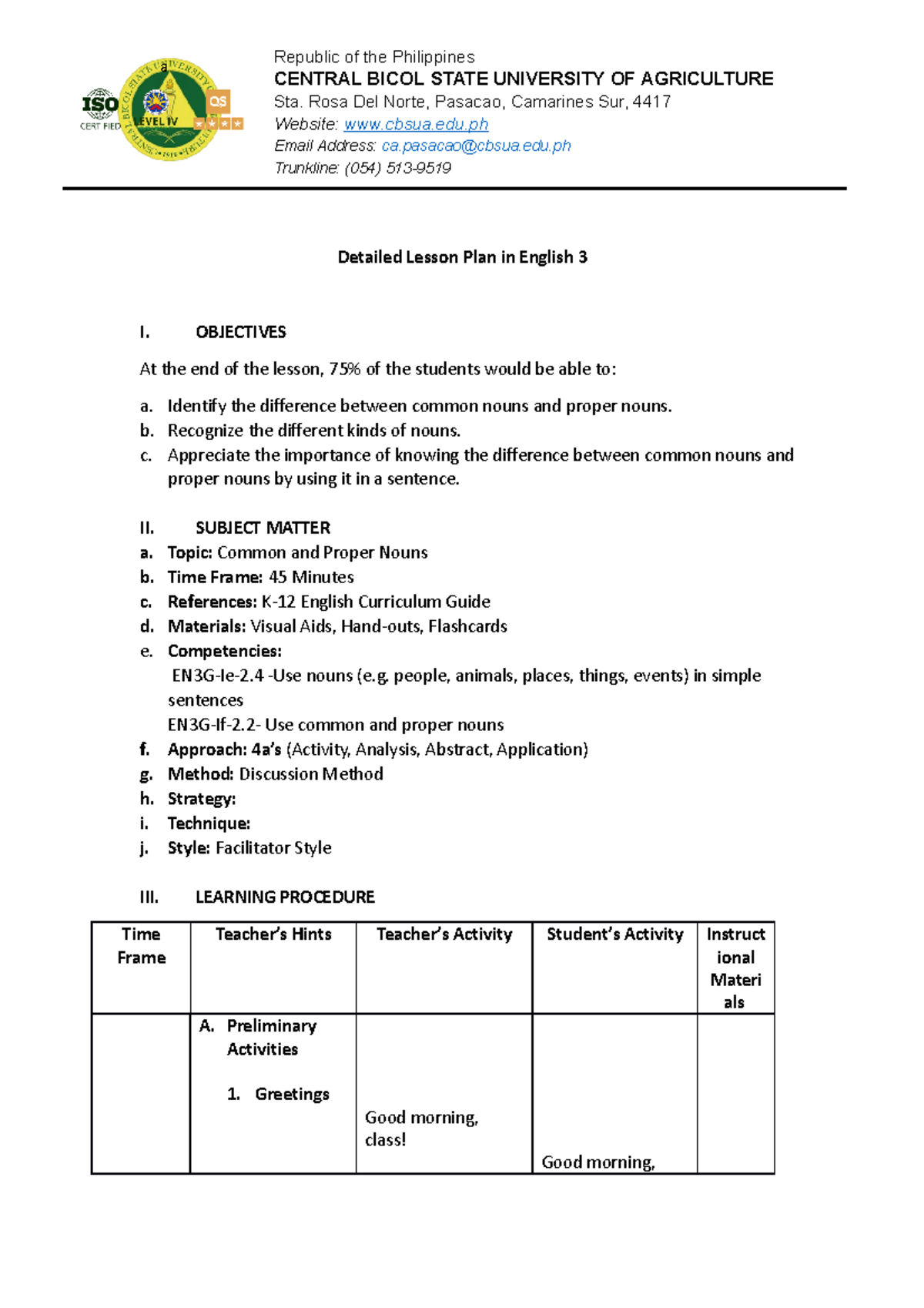 Detailed Lesson Plan on Common and Proper Nouns (Eng 3 DLP) - Studocu