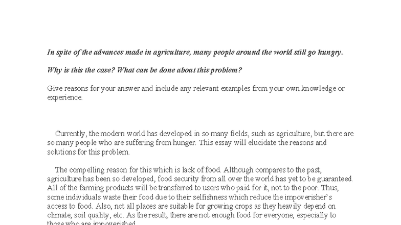 Essay on Global Hunger: Causes and Solutions (AGRI 101) - Studocu
