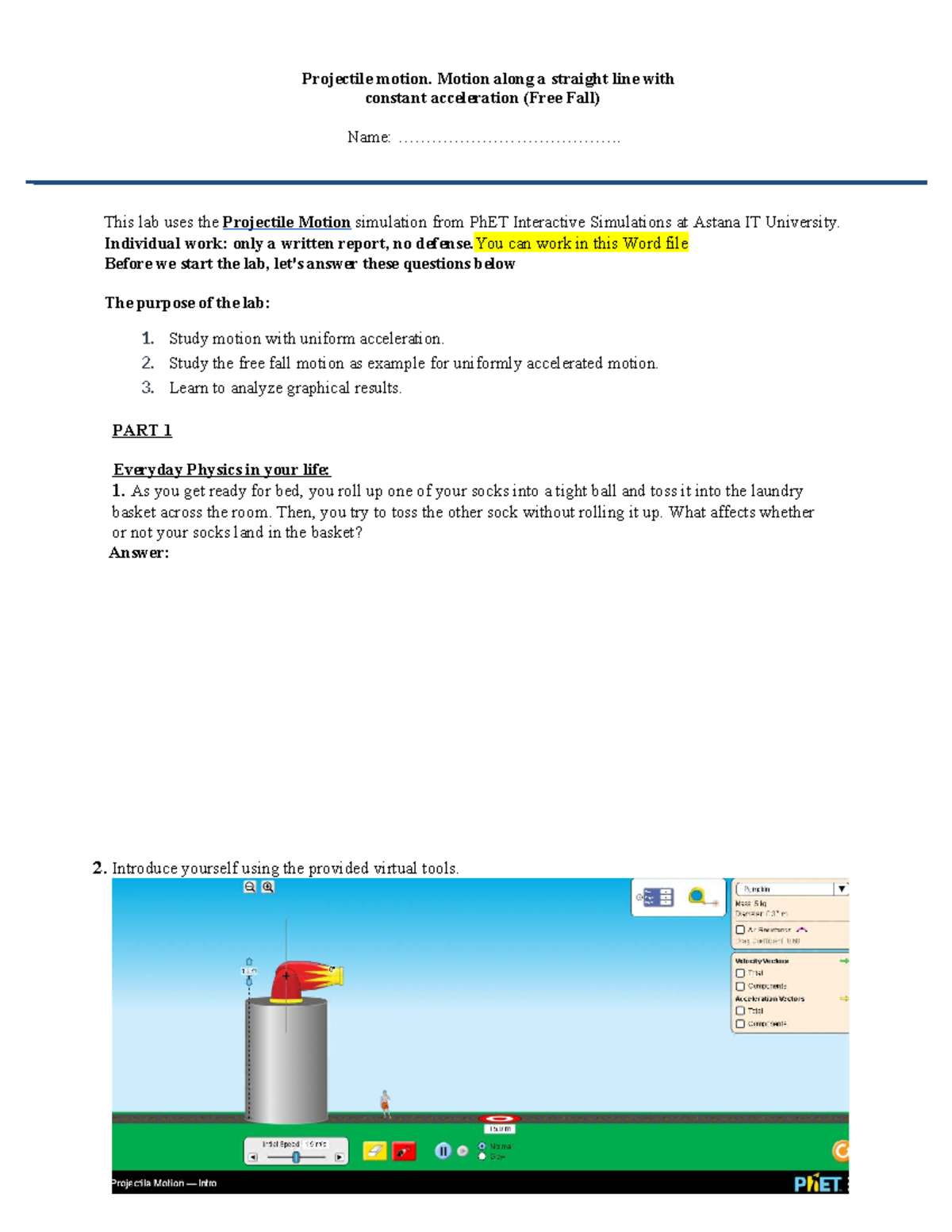 Lab Report: Projectile Motion & Free Fall (Lab No. 2) - Studocu