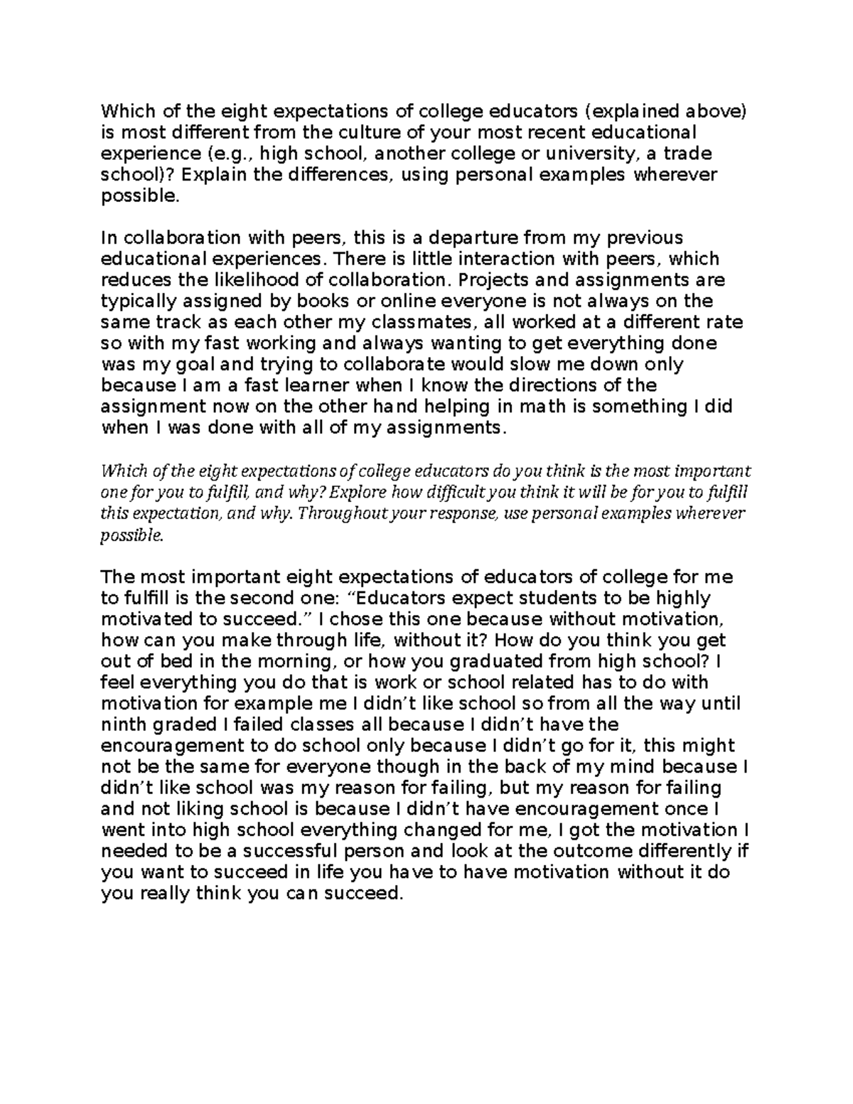 Journal Entry 2: Reflecting on College Educator Expectations - Studocu