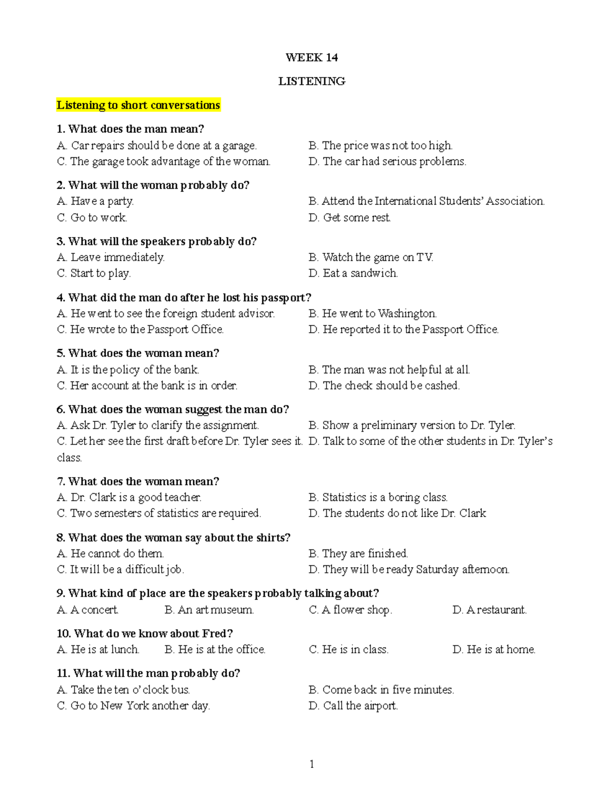 WEEK 14 LISTENING & SPEAKING Practice Tests and Conversations - Studocu