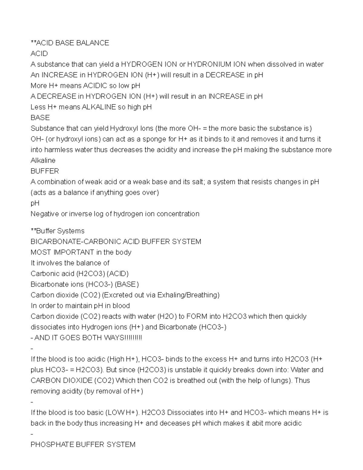 Blood Gas Analysis - Acid-Base Balance Notes for Med 101 - Studocu