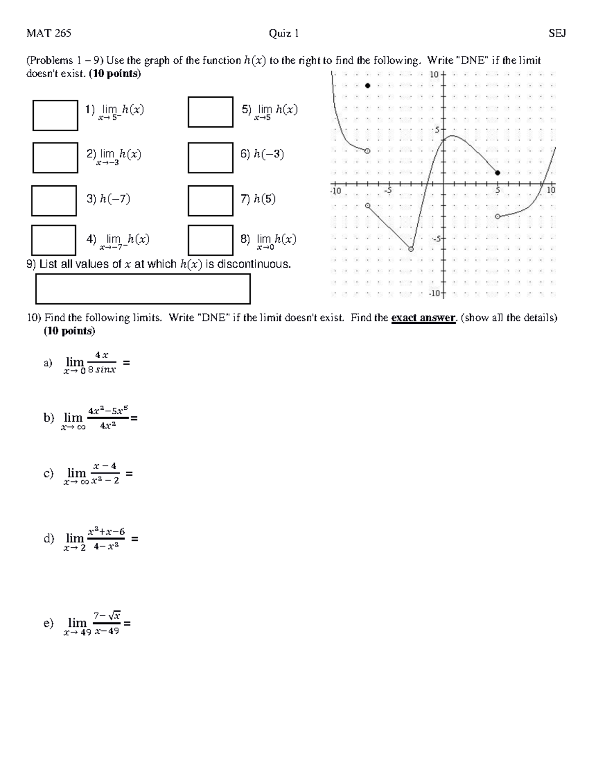 MAT 265 Quiz 1: Limits and Continuity Problems Analysis - Studocu