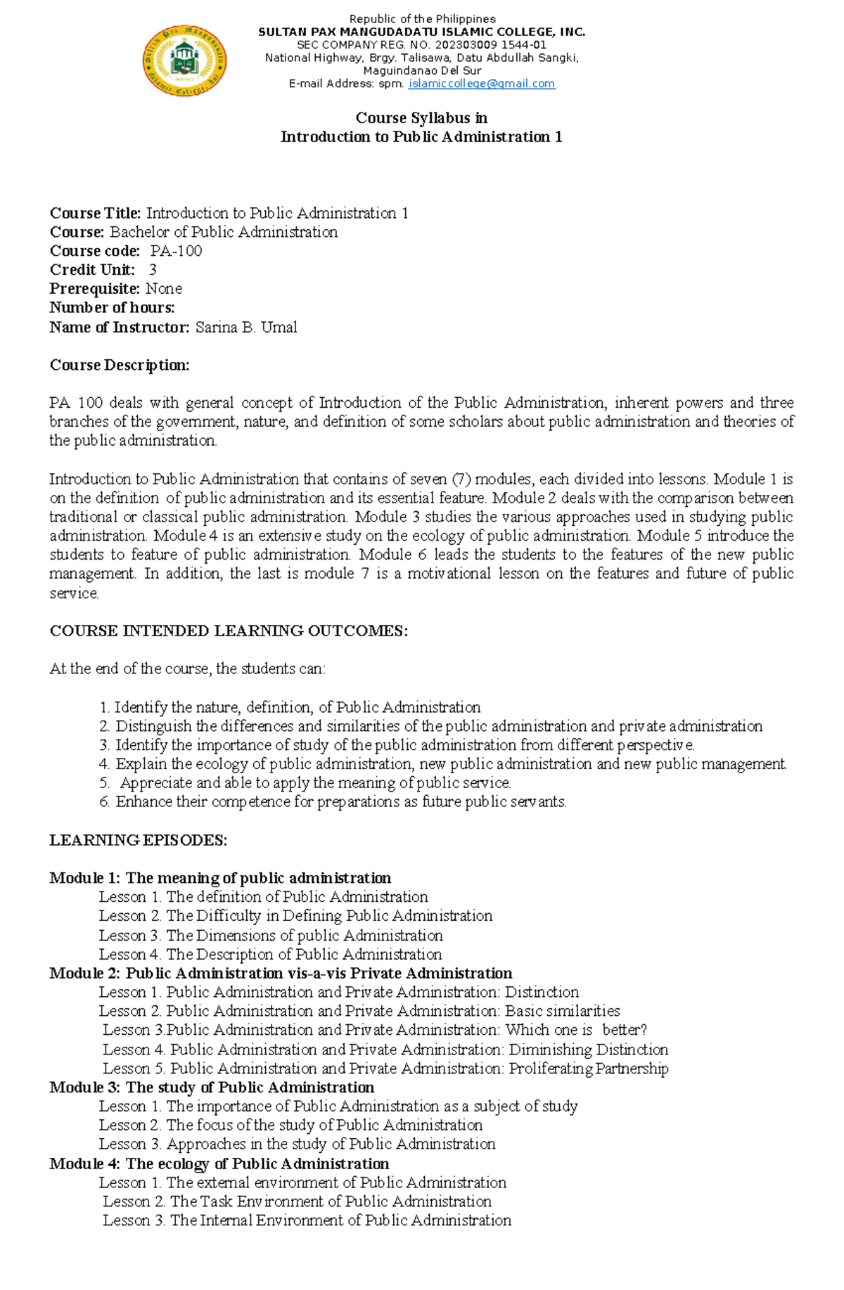 Syllabus for PA 100: Introduction to Public Administration 1 - Studocu