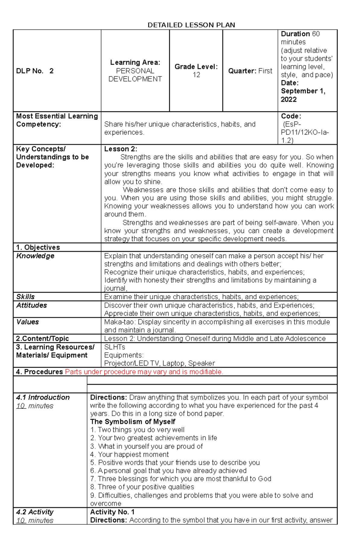 DLP 2: Understanding Oneself in Personal Development - PerDev 12 - Studocu