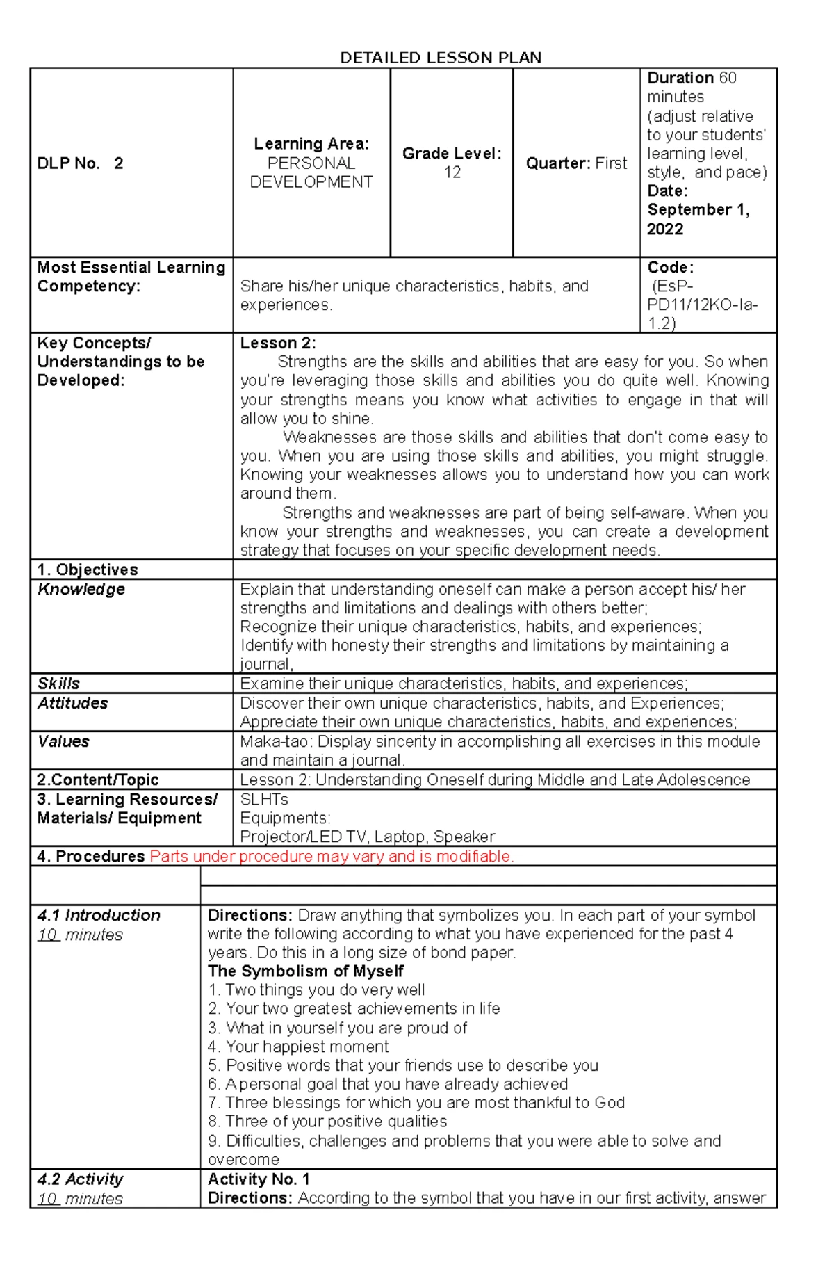 Dlp 2 - A sample DLP for perdev 12 - DETAILED LESSON PLAN DLP No. 2 Learning Area: PERSONAL ...