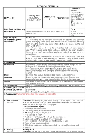 Dlp 2 - A sample DLP for perdev 12 - DETAILED LESSON PLAN DLP No. 2 Learning Area: PERSONAL ...