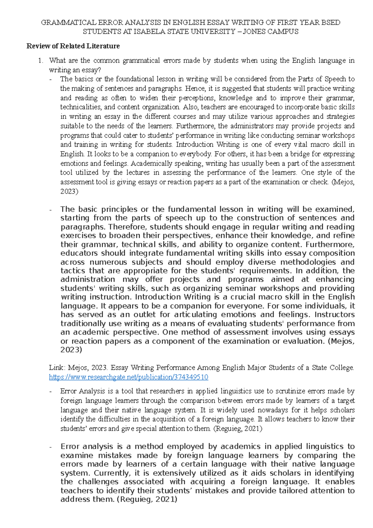 RRL Analysis of Grammatical Errors in English Essay Writing BSED - Studocu