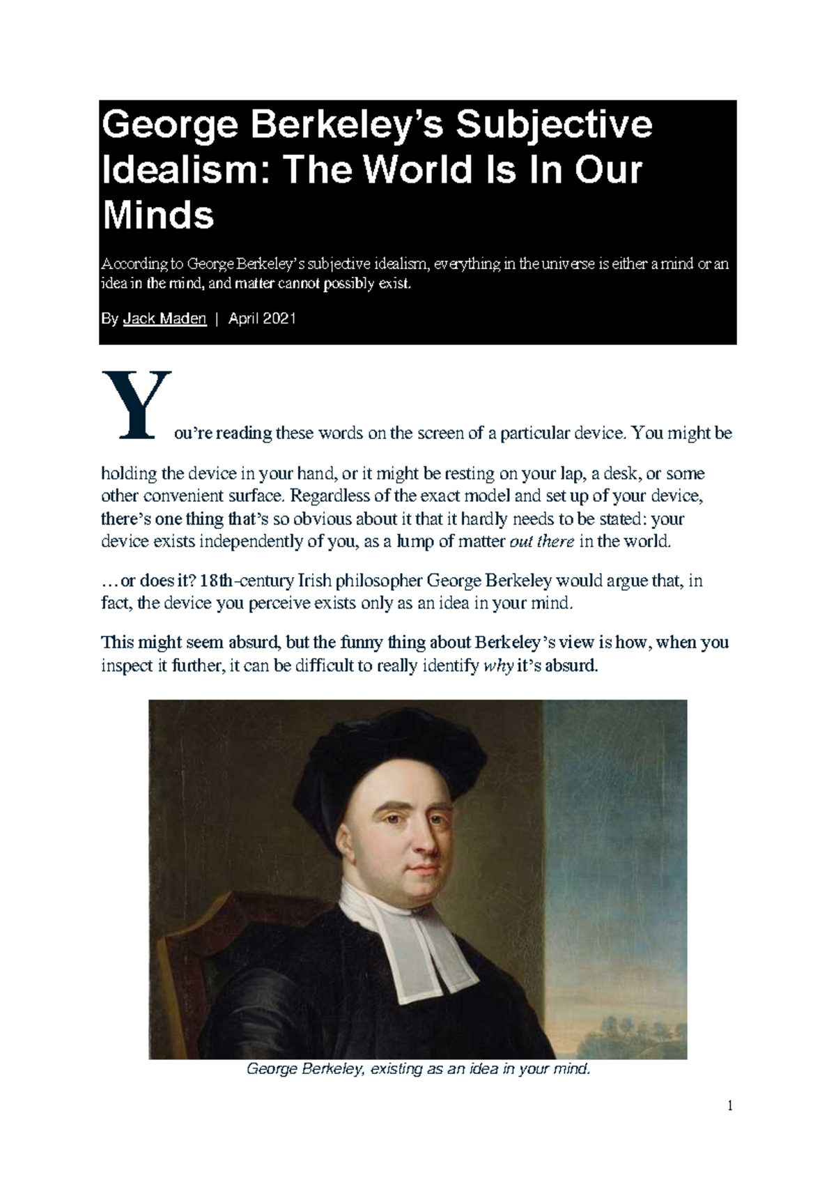 George Berkeley's Subjective Idealism: The Mind Creates Reality - Studocu