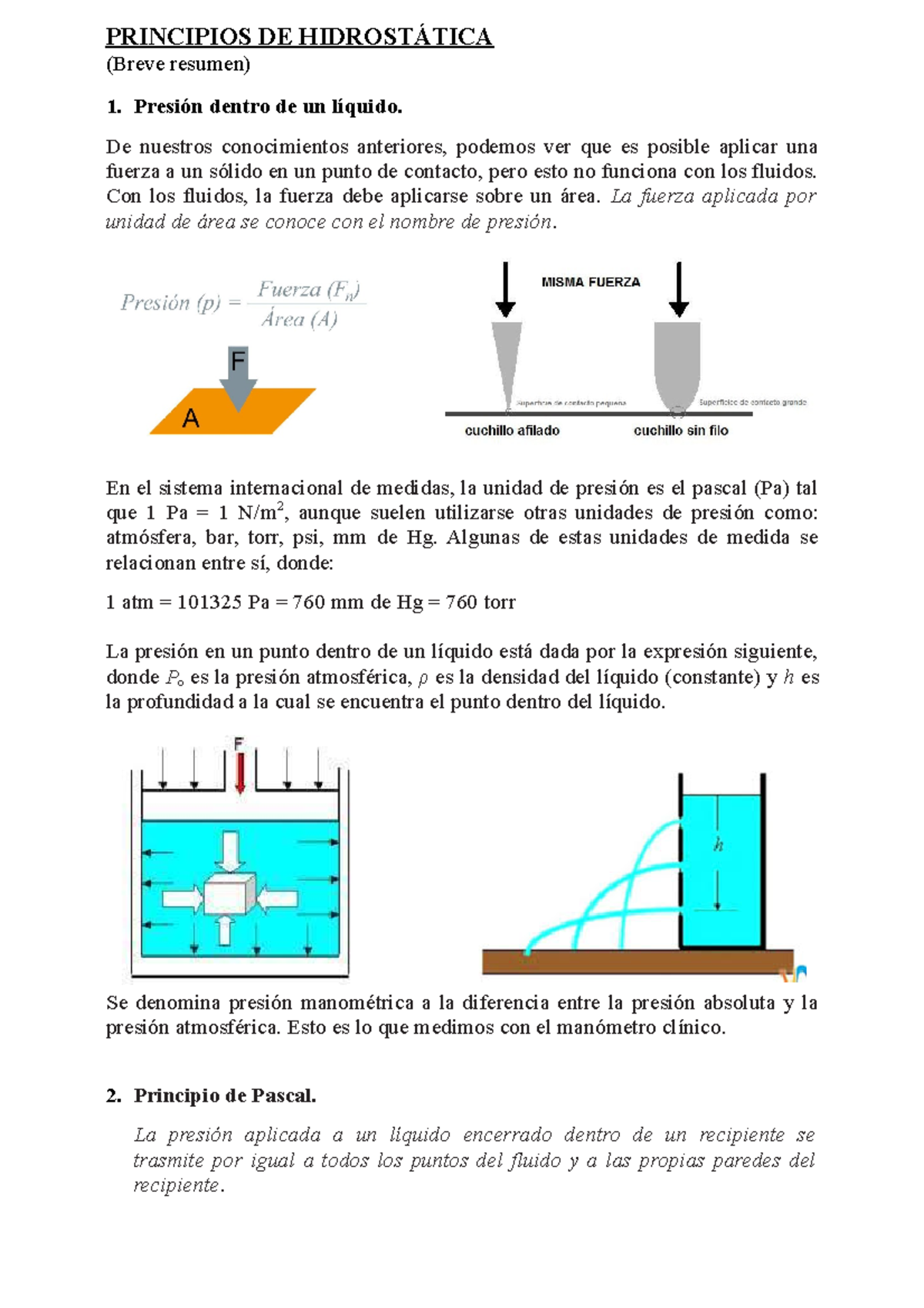 Principios de Hidrostática - PRINCIPIOS DE HIDROSTÁTICA (Breve resumen) Presión dentro de un ...