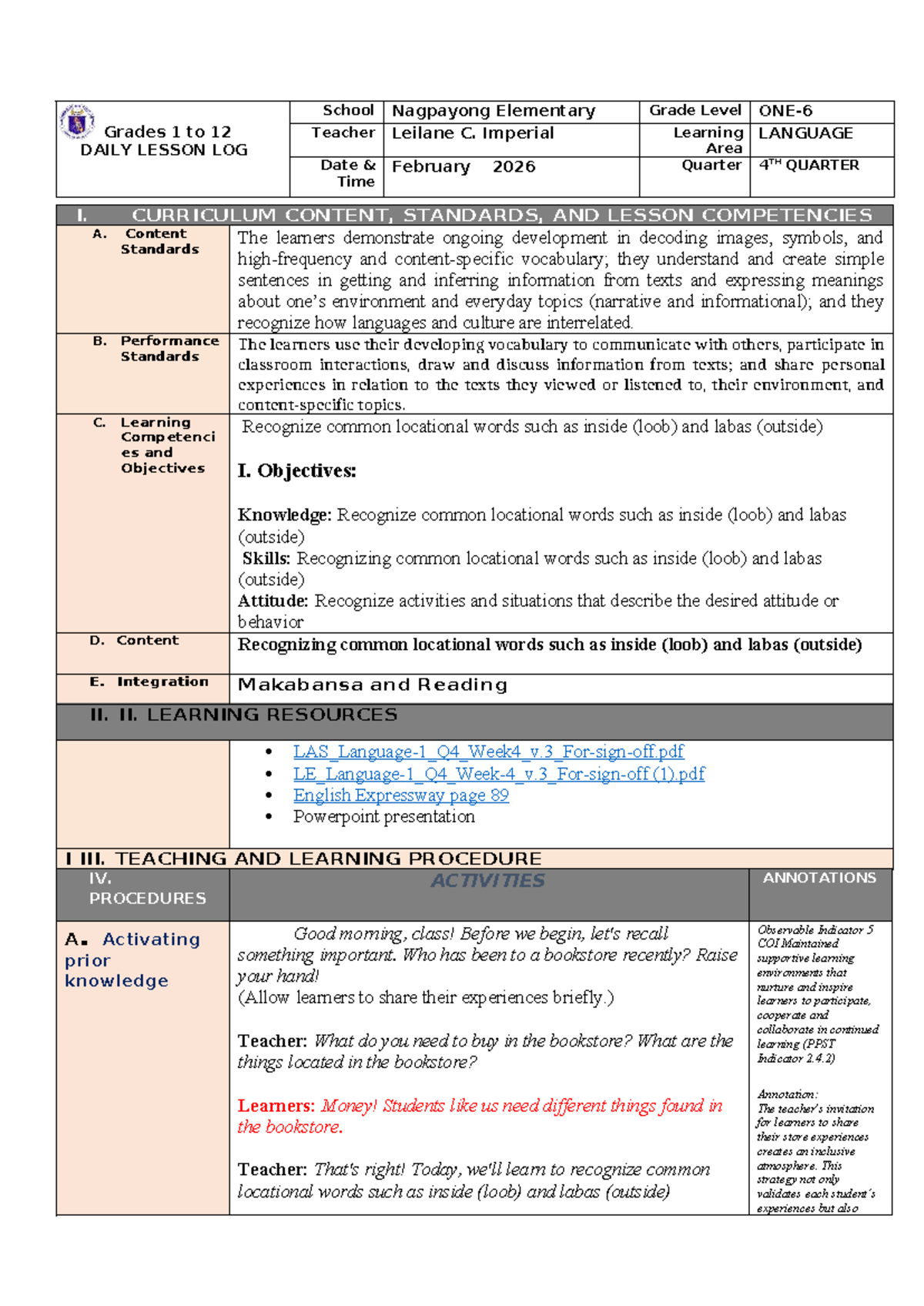 Grade 1 Daily Lesson Plan: Action Words (Q4 CO1 2026) - Studocu