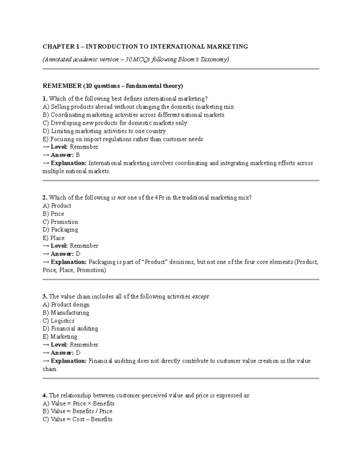 CHAPTER 1 & 2 INTERNATIONAL MARKETING MCQs (Annotated Academic Version ...