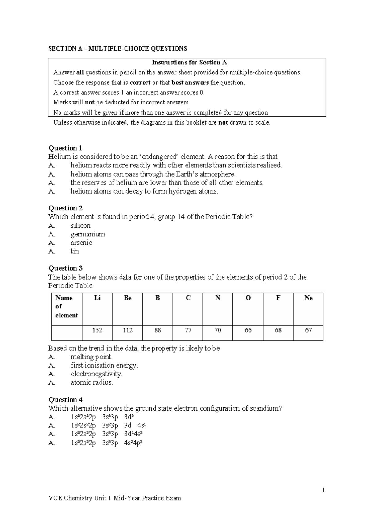 VCE Chemistry Unit 1 Semester 1 Practice Exam Questions - Studocu