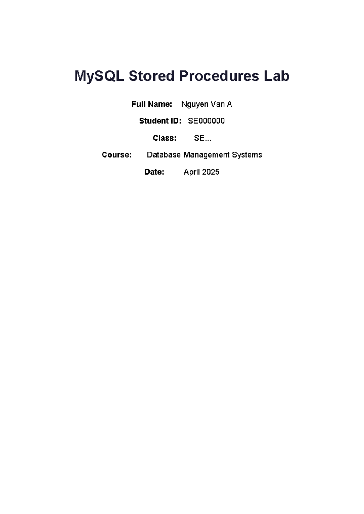 Stored Procedures Lab - SE Database Management Systems - Studocu