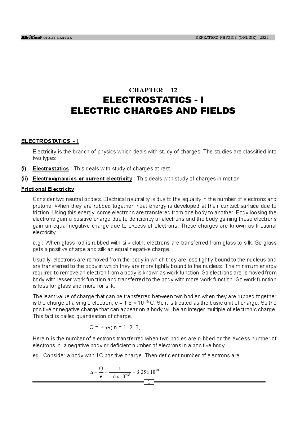 Electrostatics I (PHYS100) - Comprehensive Lecture Notes - Studocu