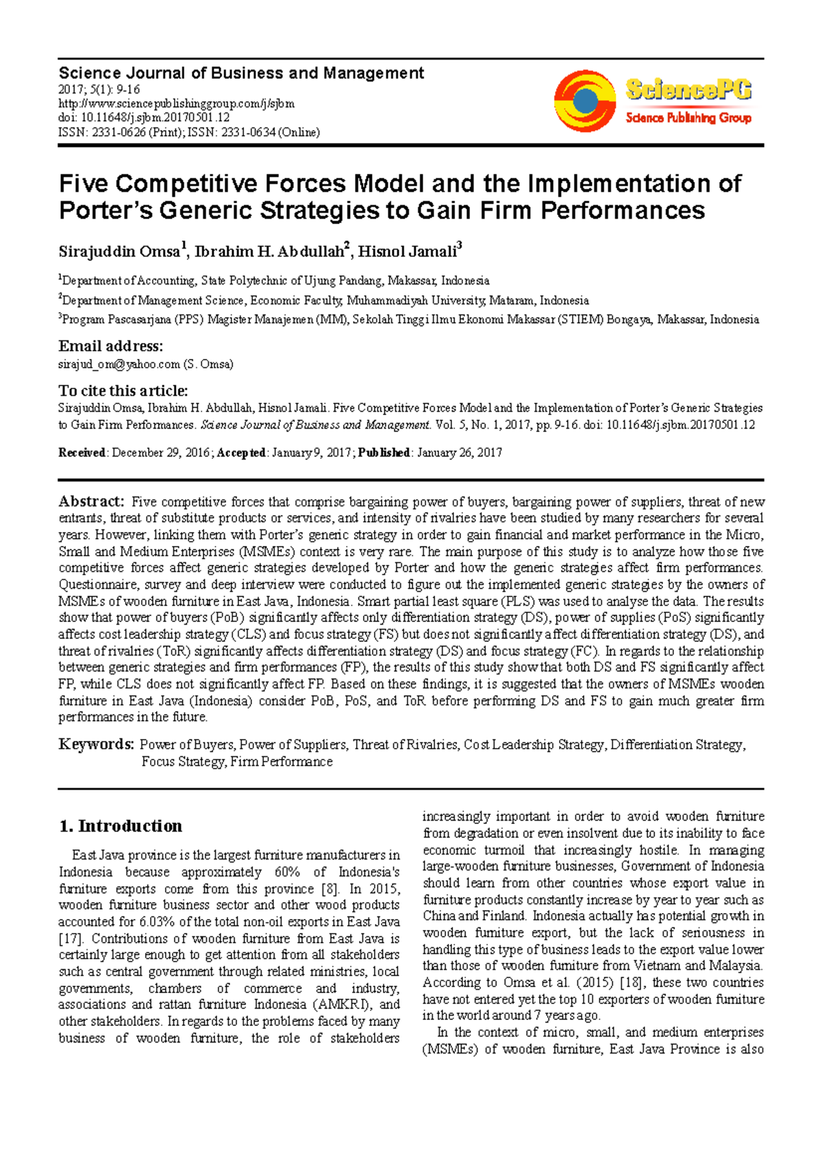 Five Competitive Forces and Generic Strategies for MSME Performance in ...