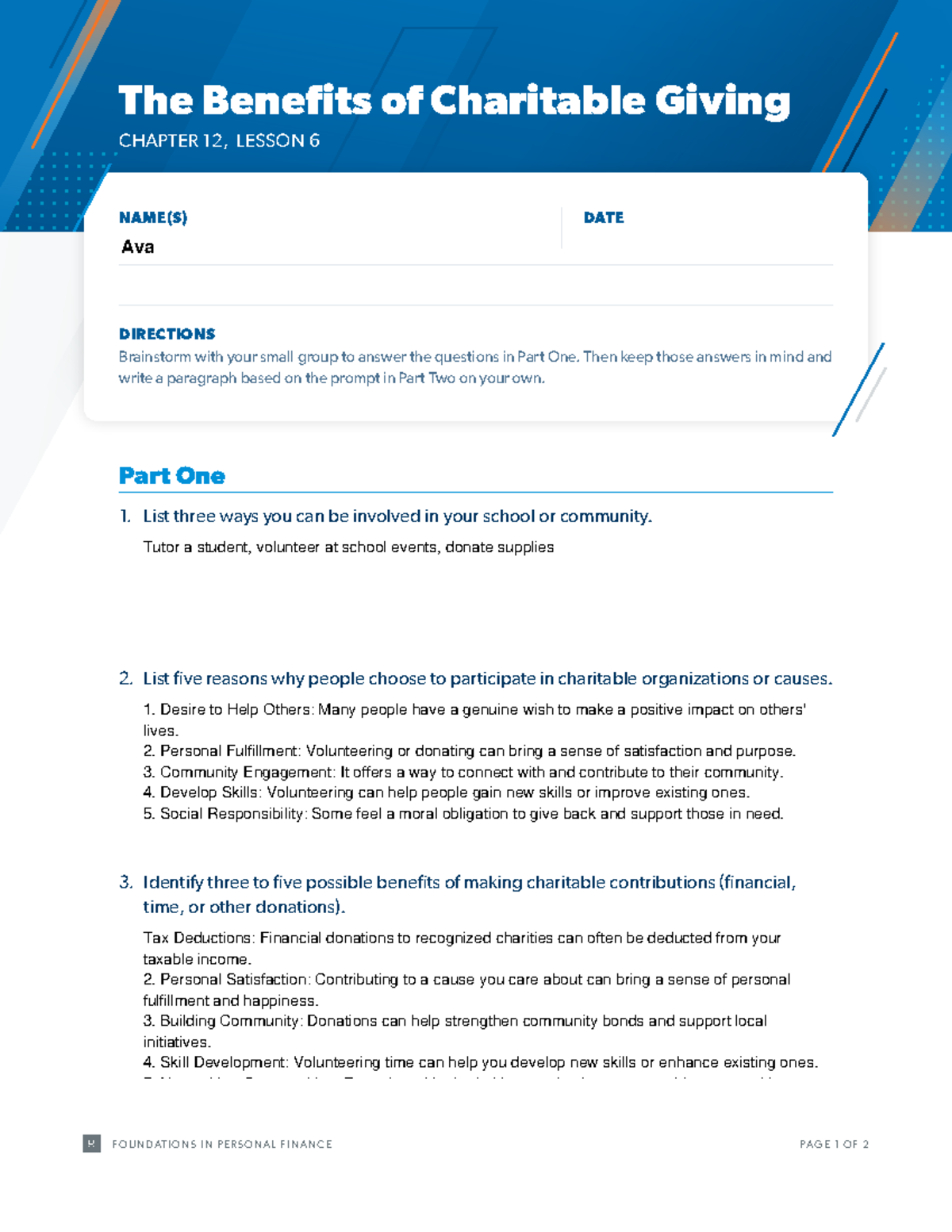 Ch 12, Lesson 6 - Benefits of Charitable Giving Homework - Studocu