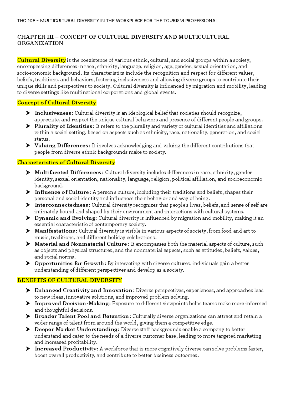 THC 109 Chapter III: Understanding Cultural Diversity & Multicultural ...