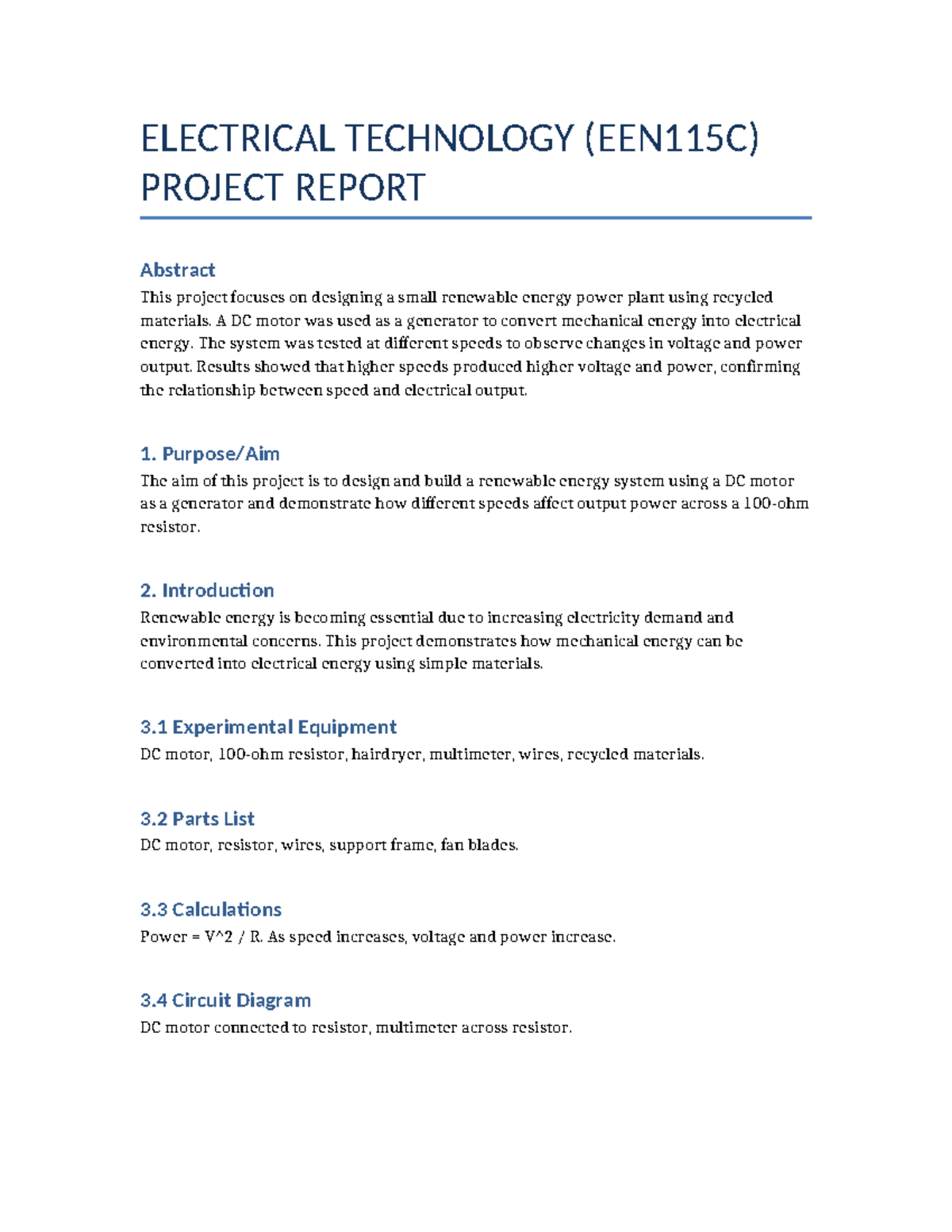 ELECTRICAL TECHNOLOGY (EEN115C) Renewable Energy Project Report - Studocu