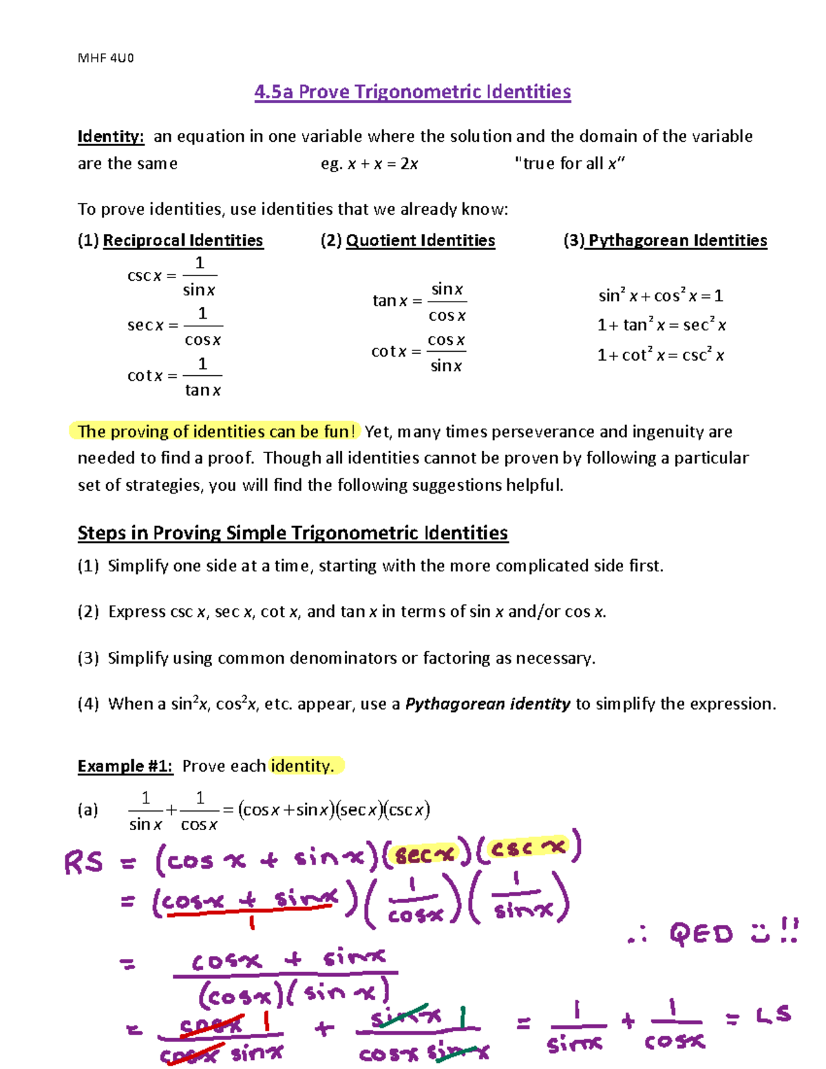 MHF 4U0 4.5a Completed Trigonometric Identities Proofs - Studocu