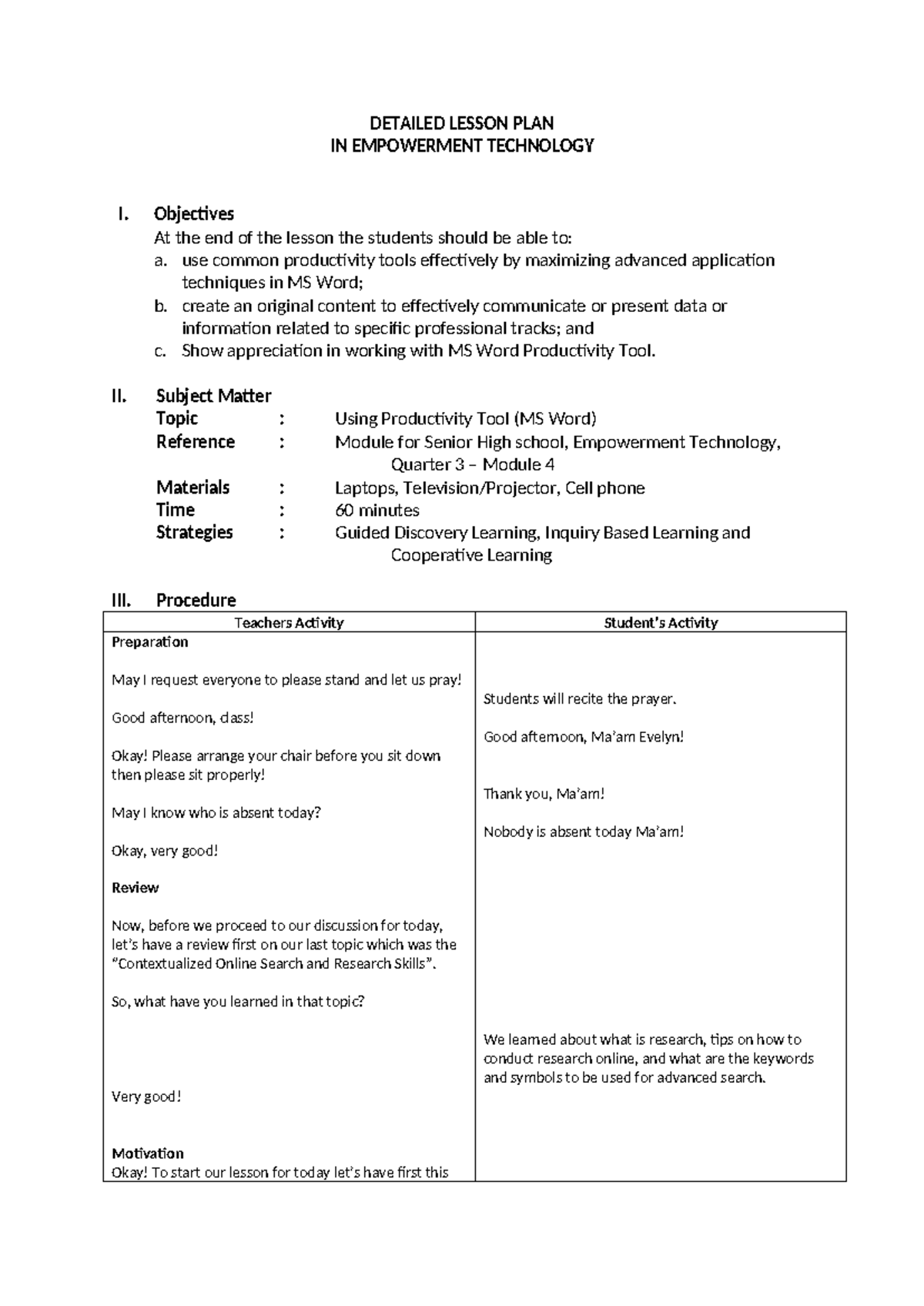 Empowerment Technology Lesson Plan: Enhancing Productivity Tools (ET ...