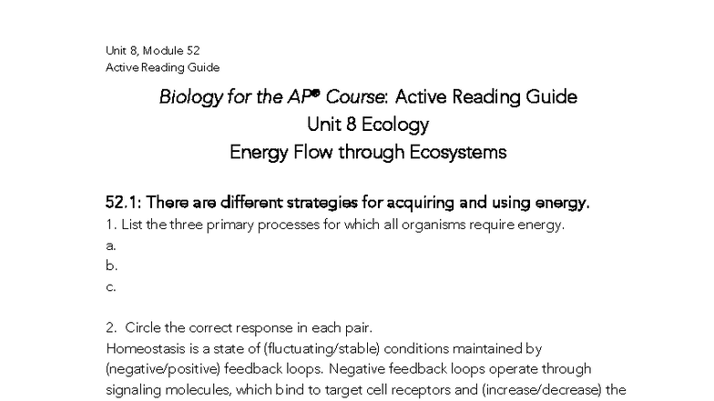 AP Biology Unit 8, Module 52: Active Reading Guide on Energy Flow - Studocu