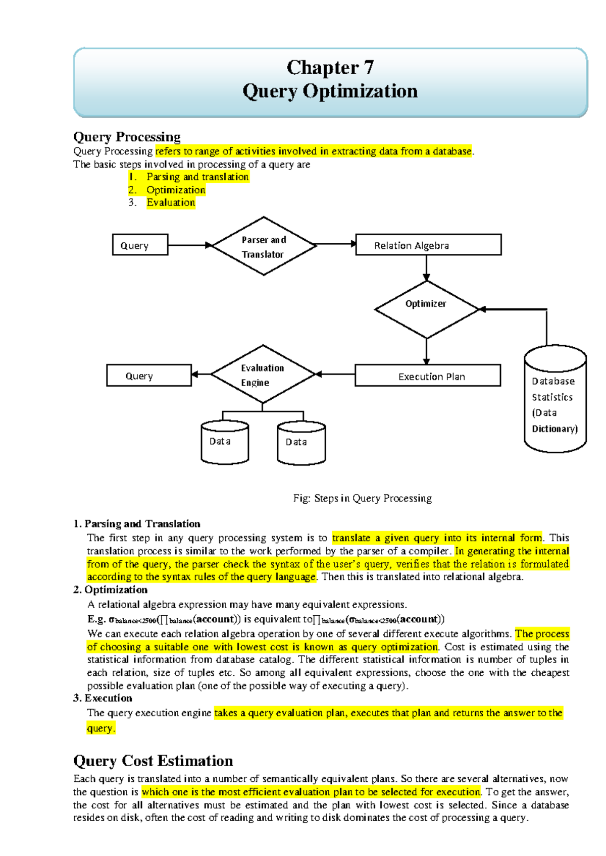 Chapter 7 - Query Processing and Optimization Notes - Studocu