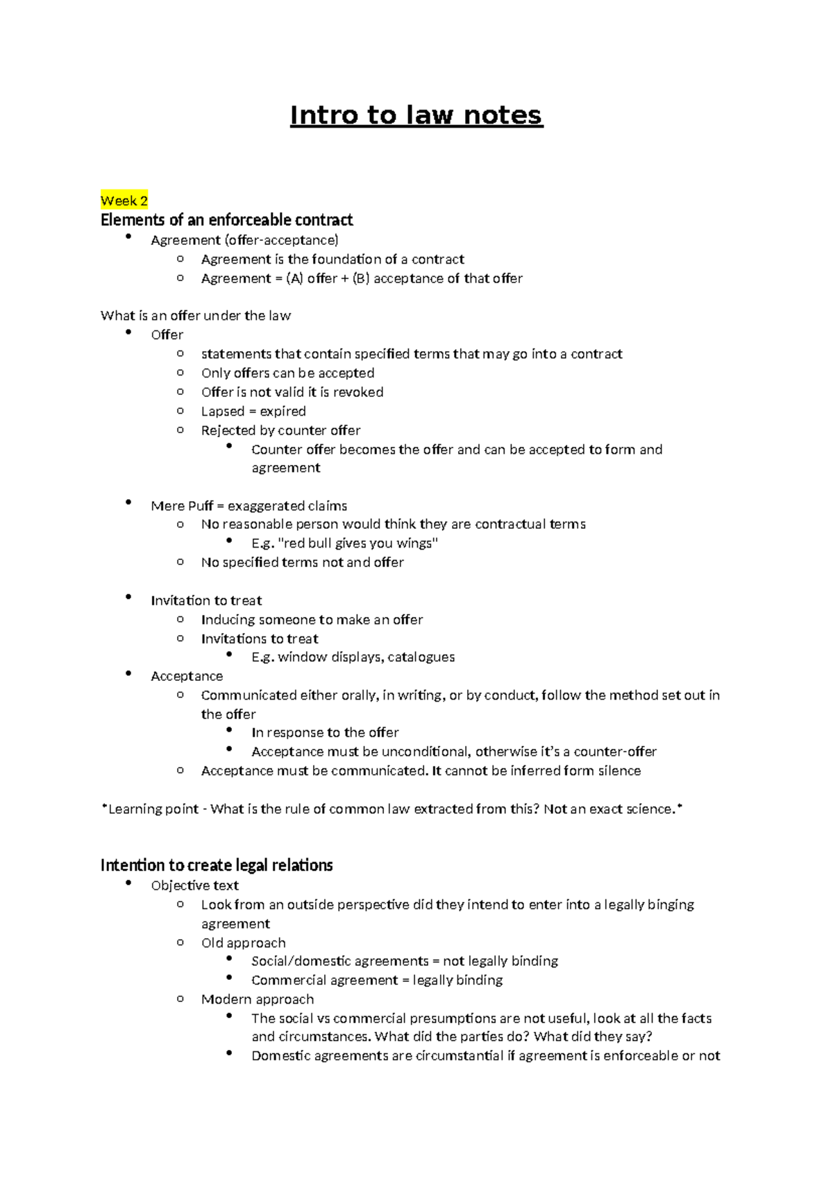 LAW101: Intro to Law Notes - Week 2: Enforceable Contracts & Key ...