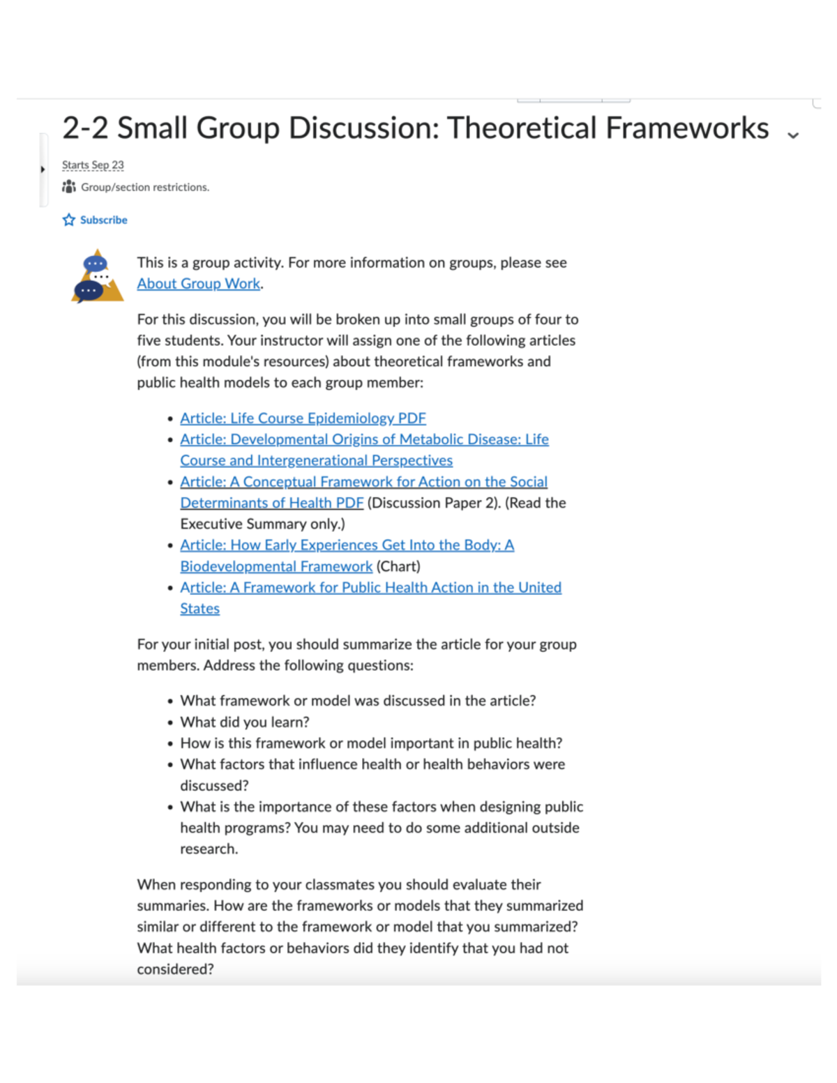 Small Group Discussion Framework: Theoretical Models in Public Health ...
