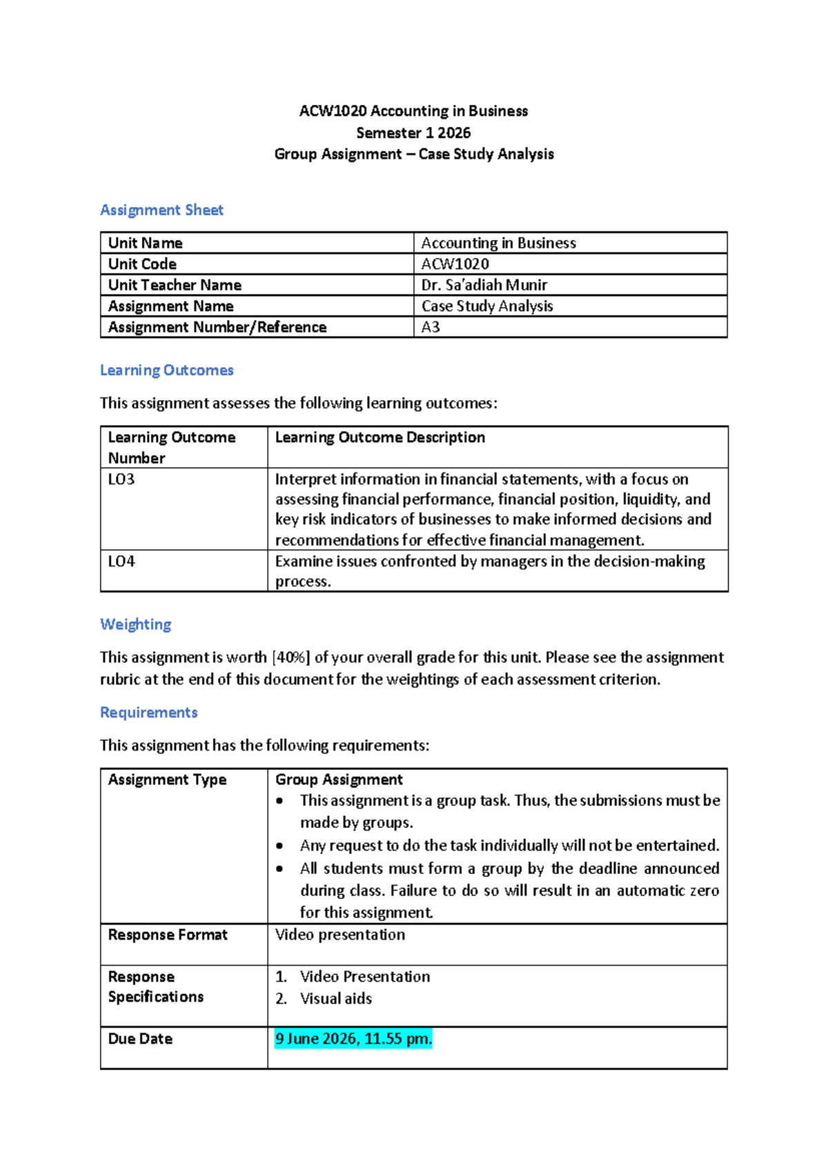 ACW1020 S1 2026 Group Assignment: Case Study Analysis Guide - Studocu