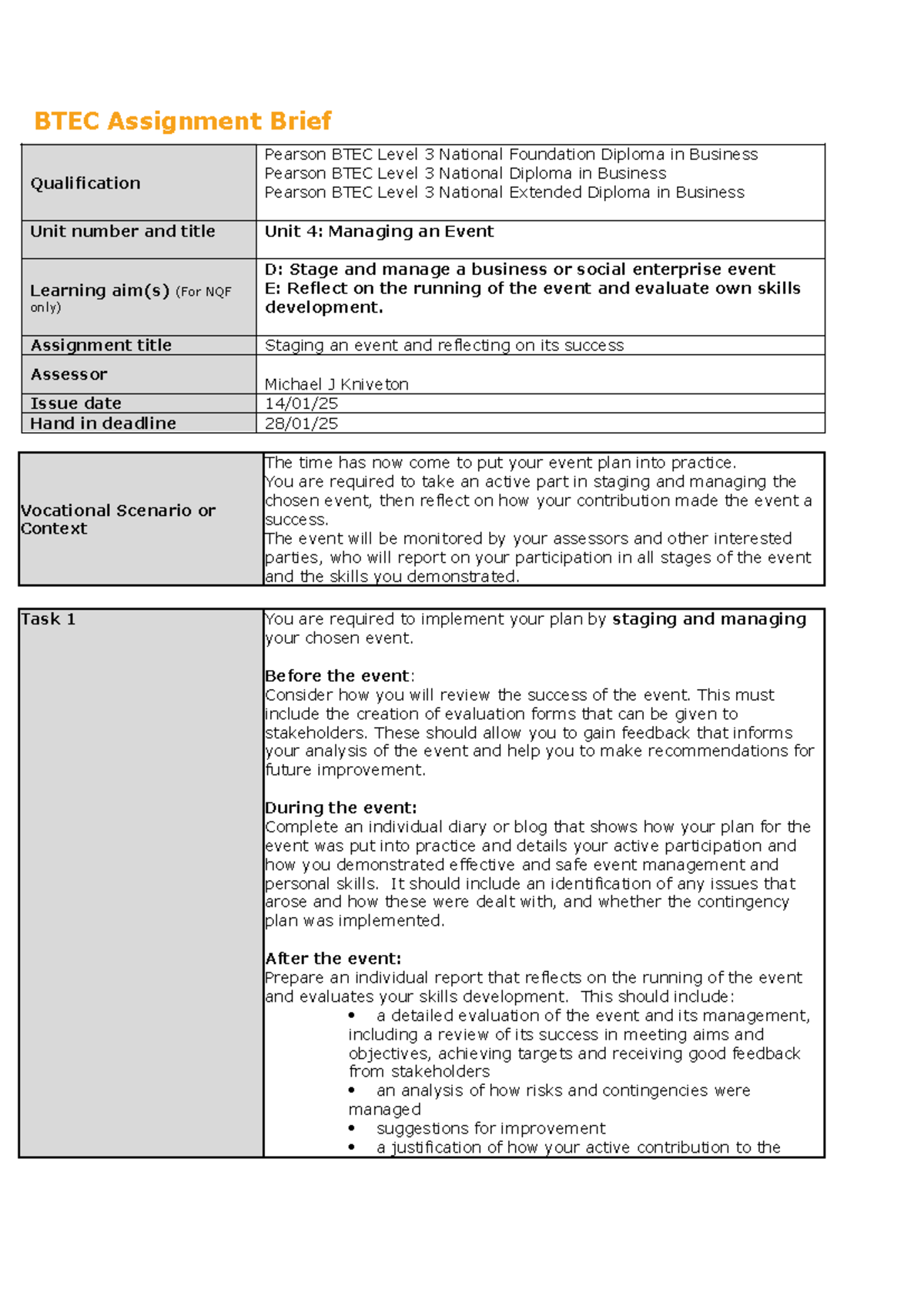 Unit 4 A3 Assignment Brief - BTEC Assignment Brief Qualification Pearson BTEC Level 3 National ...
