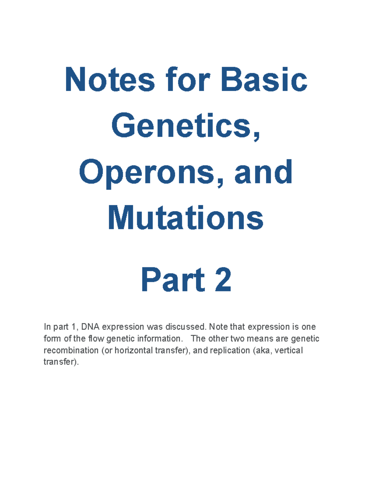 Notes on Basic Genetics: Operons, Mutations, and DNA Replication ...