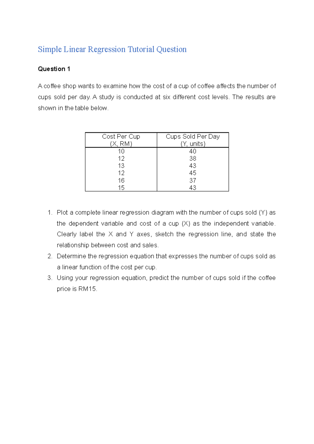 Simple Linear Regression Tutorial Questions (SLR 101) - Studocu
