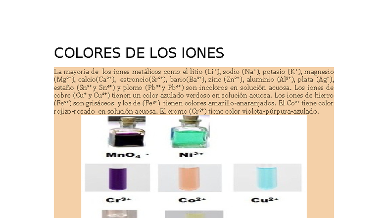 COLORES DE LOS IONES: Propiedades y Ejemplos en Solución - Studocu