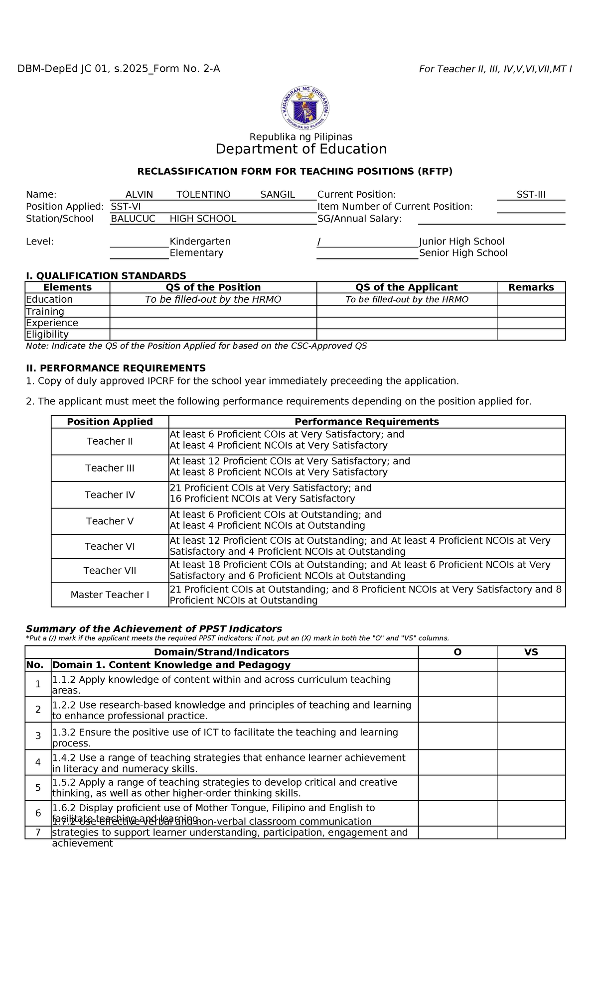 JC 01, s.2025 Reclassification Form for Teacher II & Master Teacher I ...