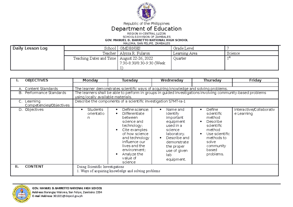 DLL-Science 7 - Daily Lesson Log for Week 1 (Aug 22-26, 2022) - Studocu