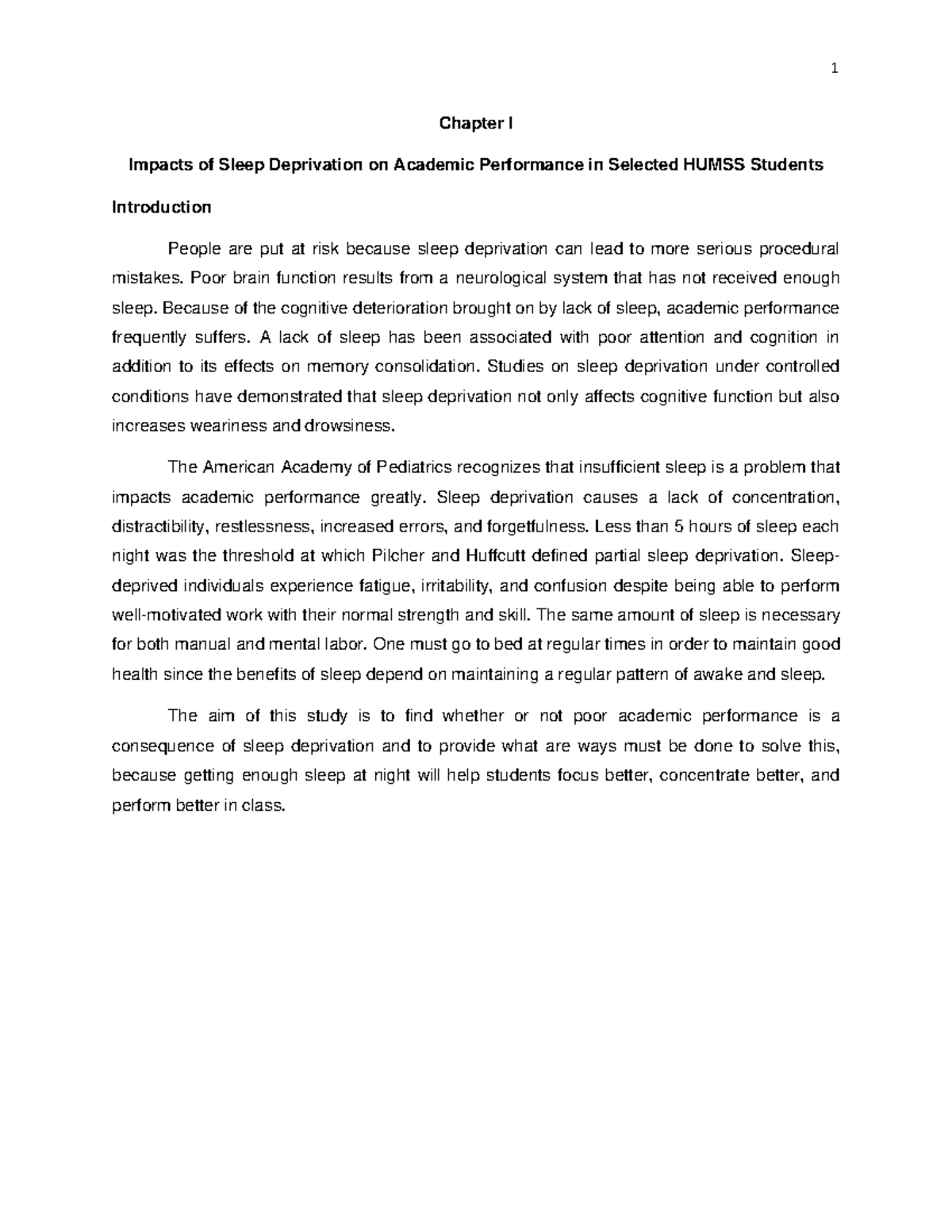 Chapter 1 Impacts of Sleep Deprivation on Academic Performance in Selected Humss Students ...
