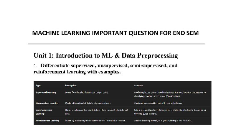 MACHINE LEARNING END SEM IMPORTANT QUESTIONS Unit 1-4 - Studocu