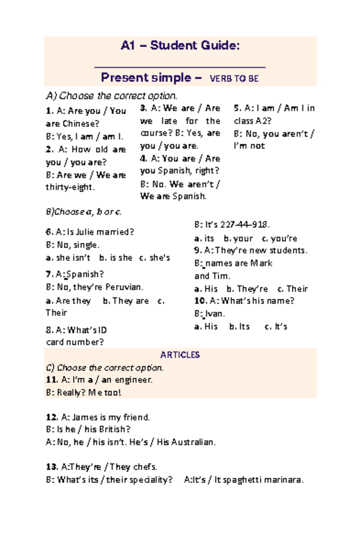 A1 Semestral Study Guide: Present Simple Verb To Be - Studocu
