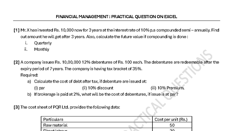 FINANCIAL MANAGEMENT: PRACTICAL QUESTIONS ON EXCEL - Studocu