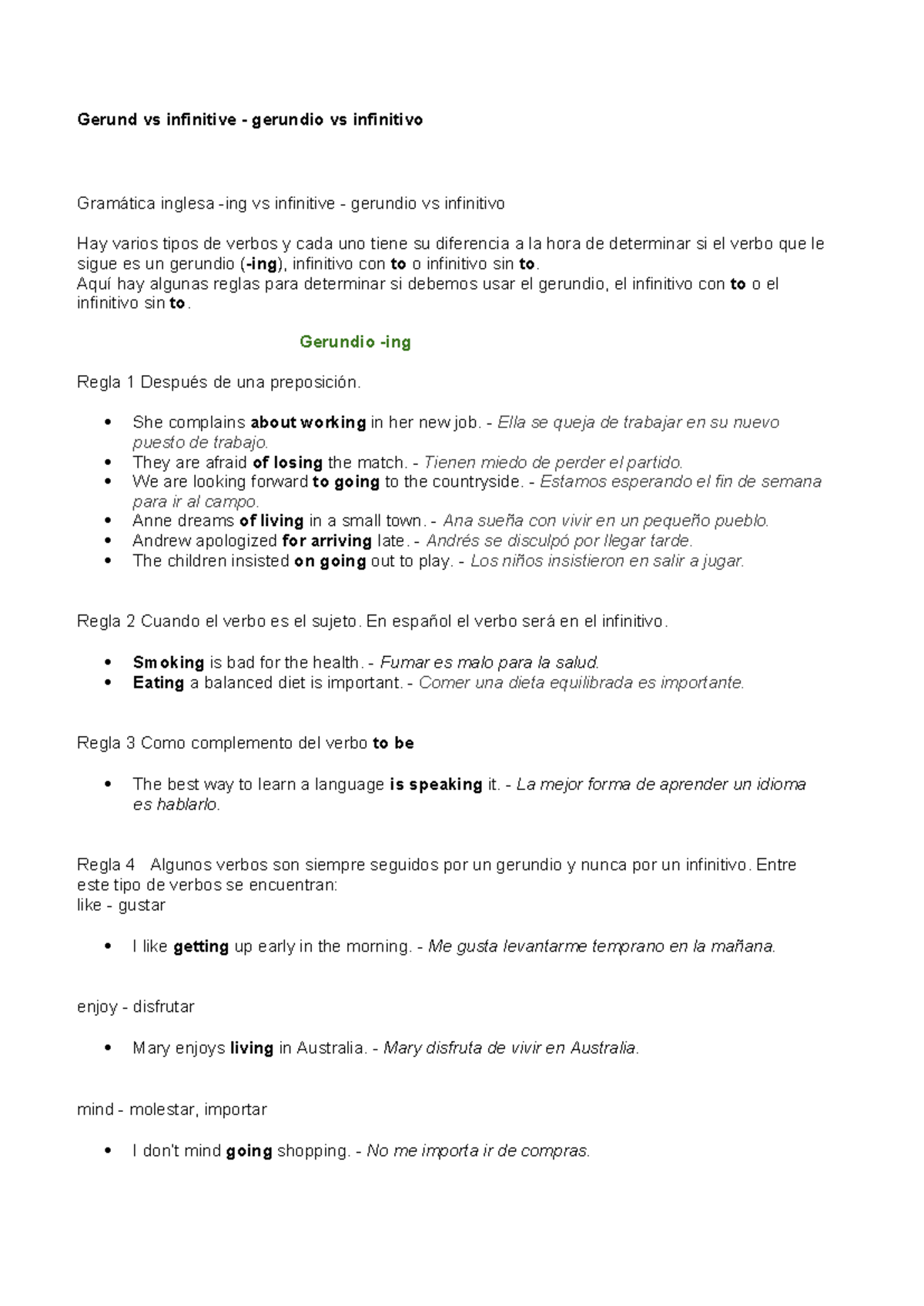 Gerundio vs Infinitivo: Reglas y Ejemplos en Gramática Inglesa - Studocu