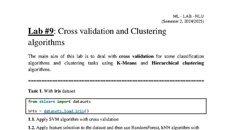 ML LAB NLU: Lab 9 on Cross Validation & Clustering Algorithms - Studeersnel