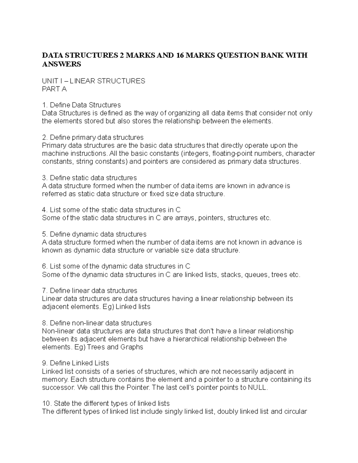 DATA Structures 2 Marks AND 16 Marks QUE - DATA STRUCTURES 2 MARKS AND 16 MARKS QUESTION BANK ...