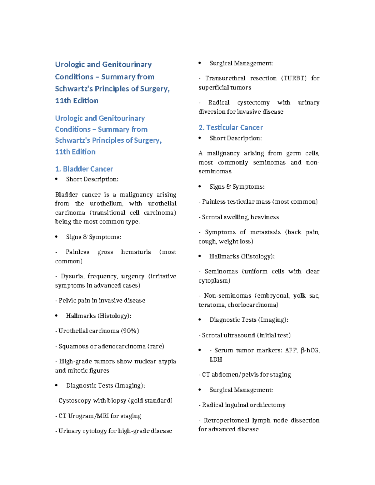 Urologic Conditions Summary: Key Points from Surgery Principles (11th ...