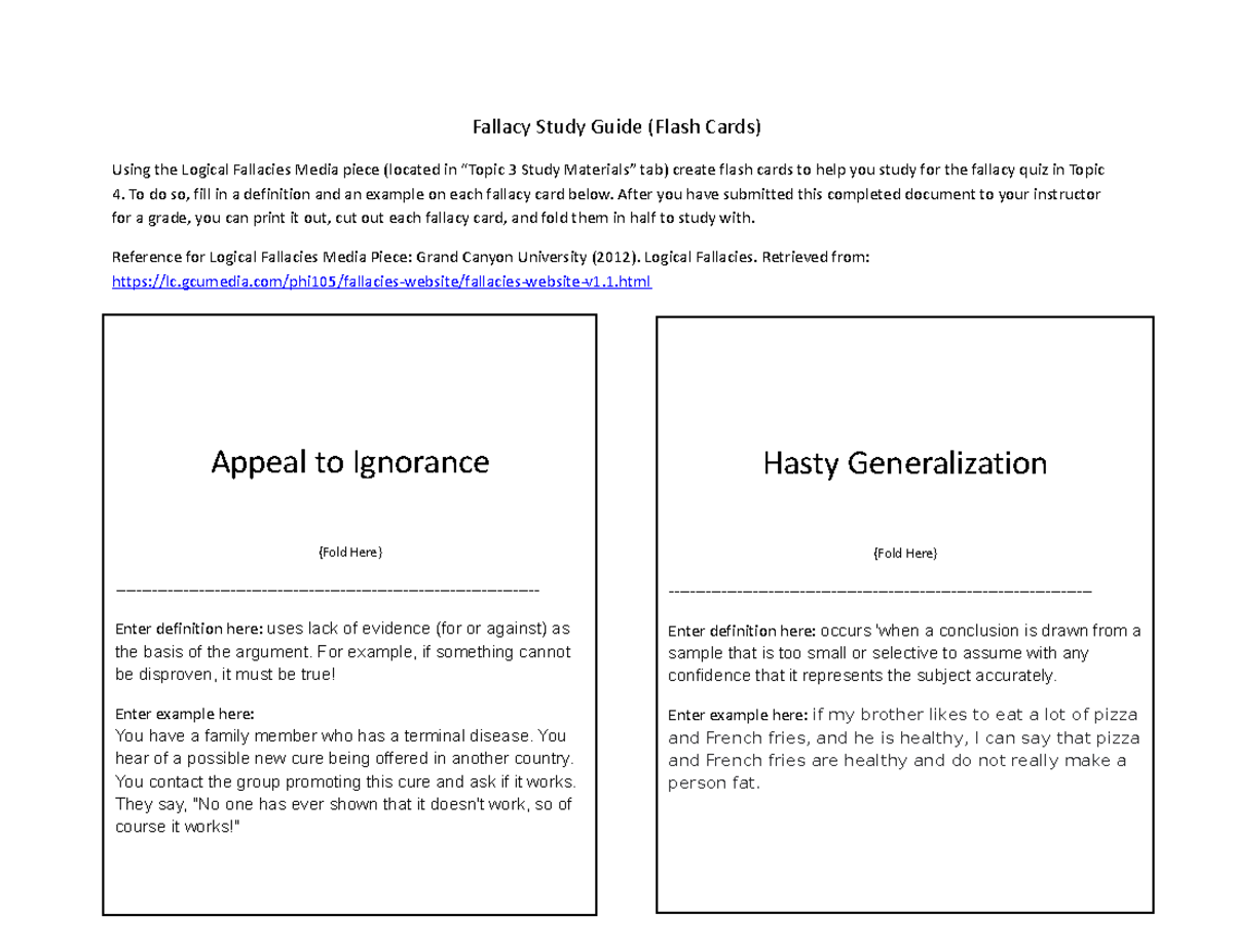 PHI105.T3 Fallacy Study Guide Ana Garcia - Fallacy Study Guide (Flash ...