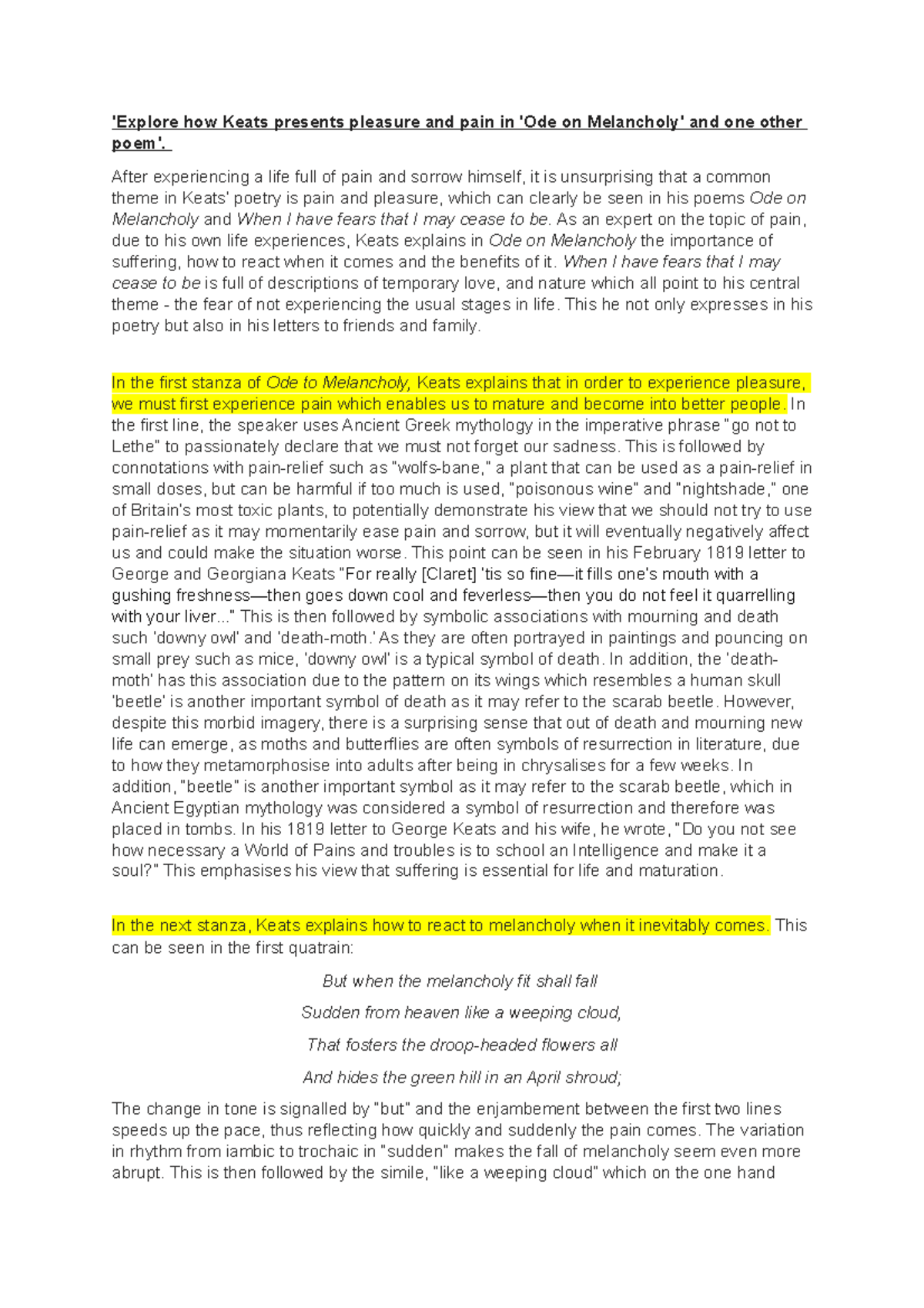 'Explore how Keats presents pleasure and pain in 'Ode on Melancholy ...