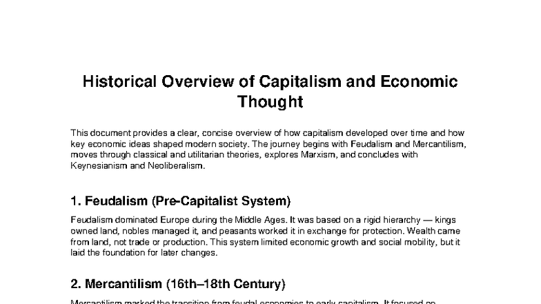 Historical Overview of Capitalism and Economic Theories - Studocu
